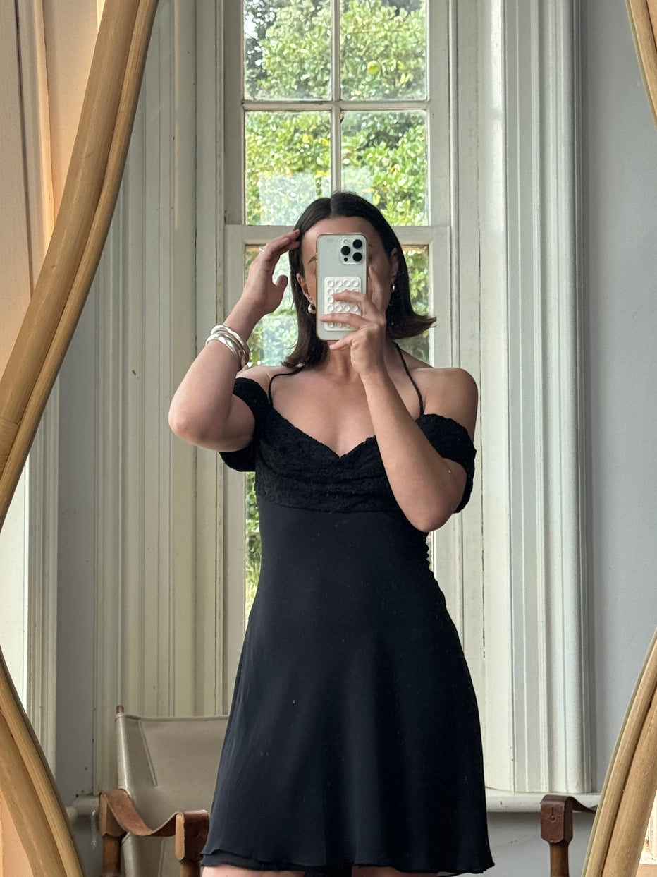 Vintage 90s Off Shoulder Mini Dress Noir – Call Me The Breeze